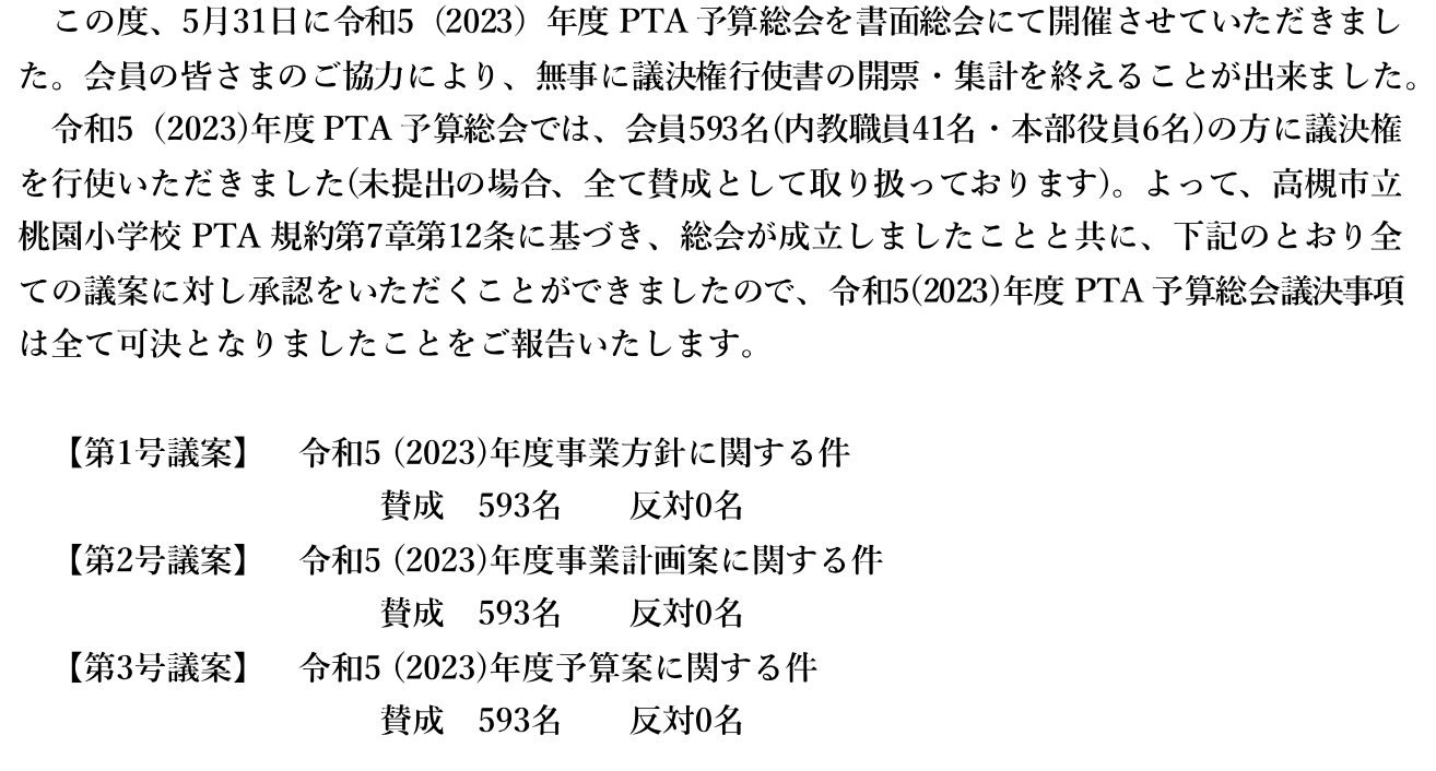 令和5年度PTA予算総会決議についてのご報告 – 桃園小学校PTA